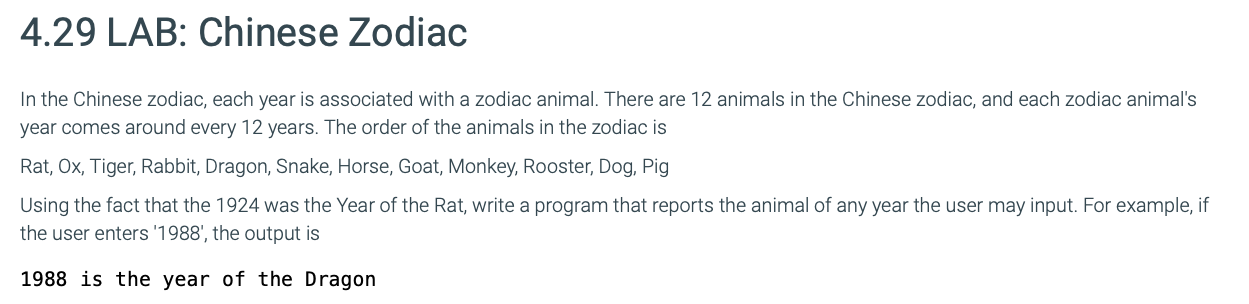 Solved 4.29 LAB: Chinese Zodiac In the Chinese zodiac, each | Chegg.com