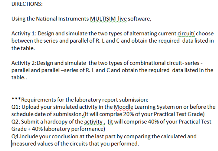 Solved DIRECTIONS: Using the National Instruments MULTISIM | Chegg.com