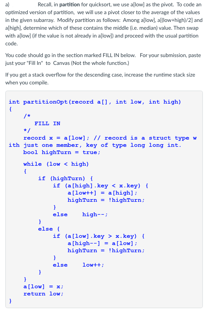 C++ Code: int partitionOpt(record a[], int low, | Chegg.com