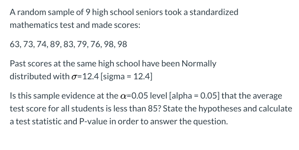 Solved A random sample of 9 high school seniors took a | Chegg.com
