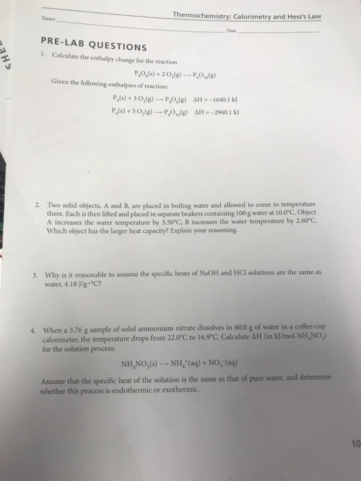 Solved Thermochemistry Calorimetry and Hess's Law Name | Chegg.com