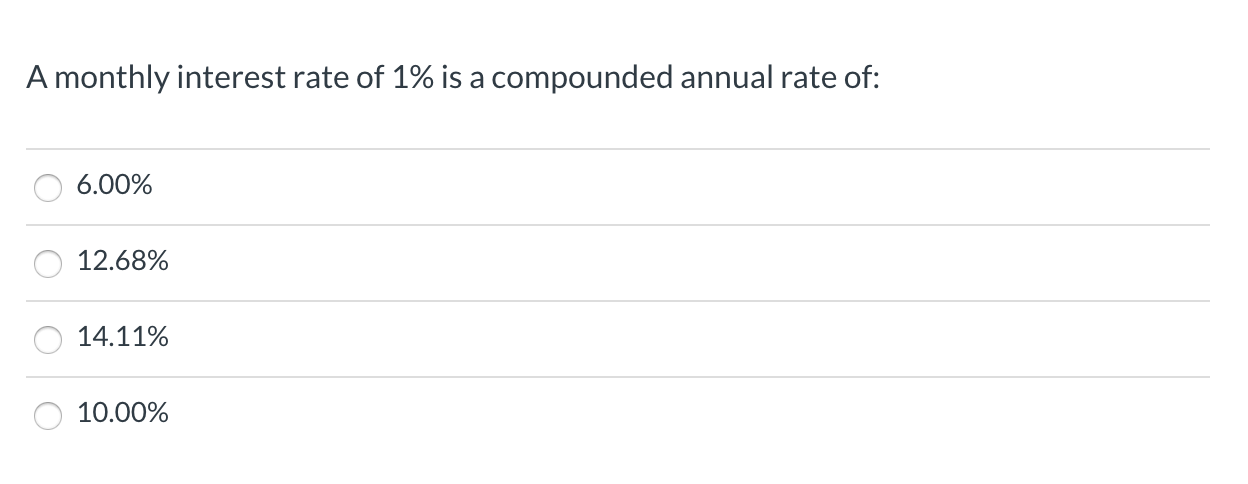 Solved A monthly interest rate of 1% is a compounded annual | Chegg.com