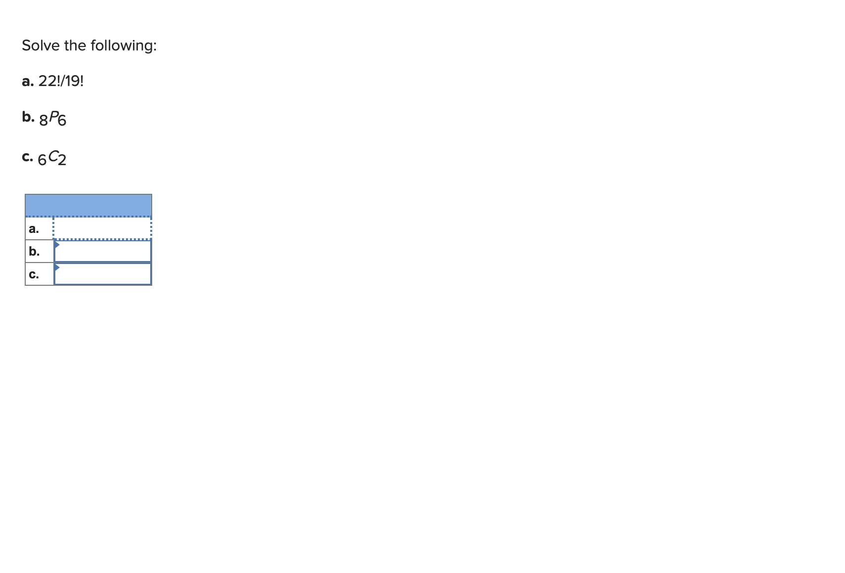 Solved Solve the following: a. 22./19! b. 8P6 C. 6C2 a. b. | Chegg.com
