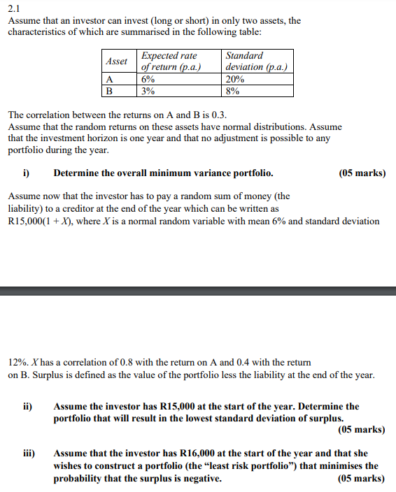 Solved 2.1Assume that an investor can invest (long or short) | Chegg.com