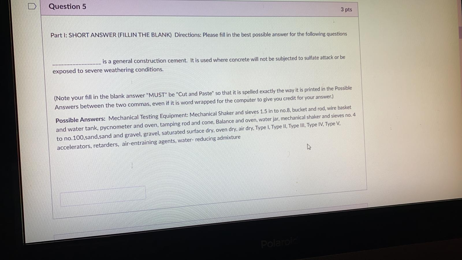 Solved Question 5 3 pts Part I: SHORT ANSWER (FILLIN THE | Chegg.com