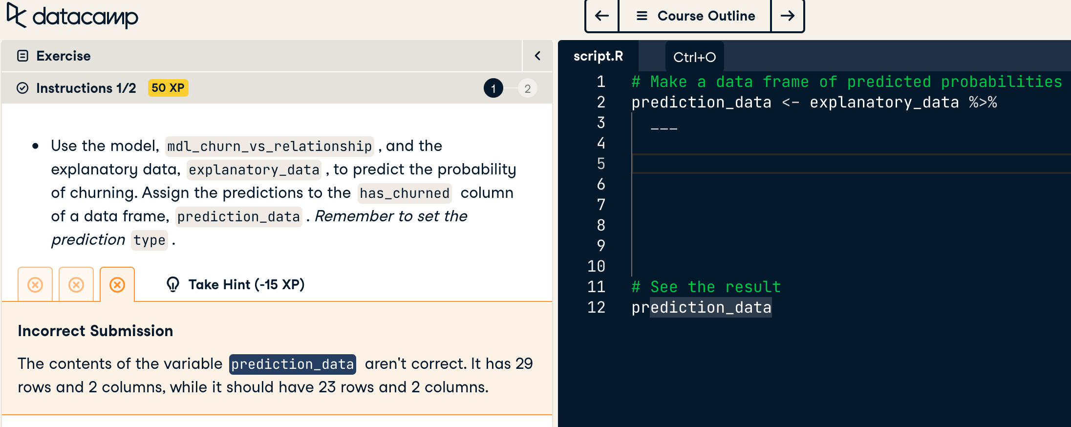 Solved L datacamp - Use the model, mdl_churn_vs_relationship | Chegg.com