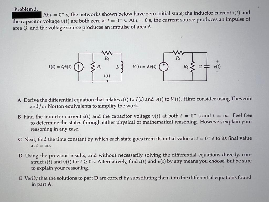 Solved Problem 3. At t=0−s, the networks shown below have | Chegg.com