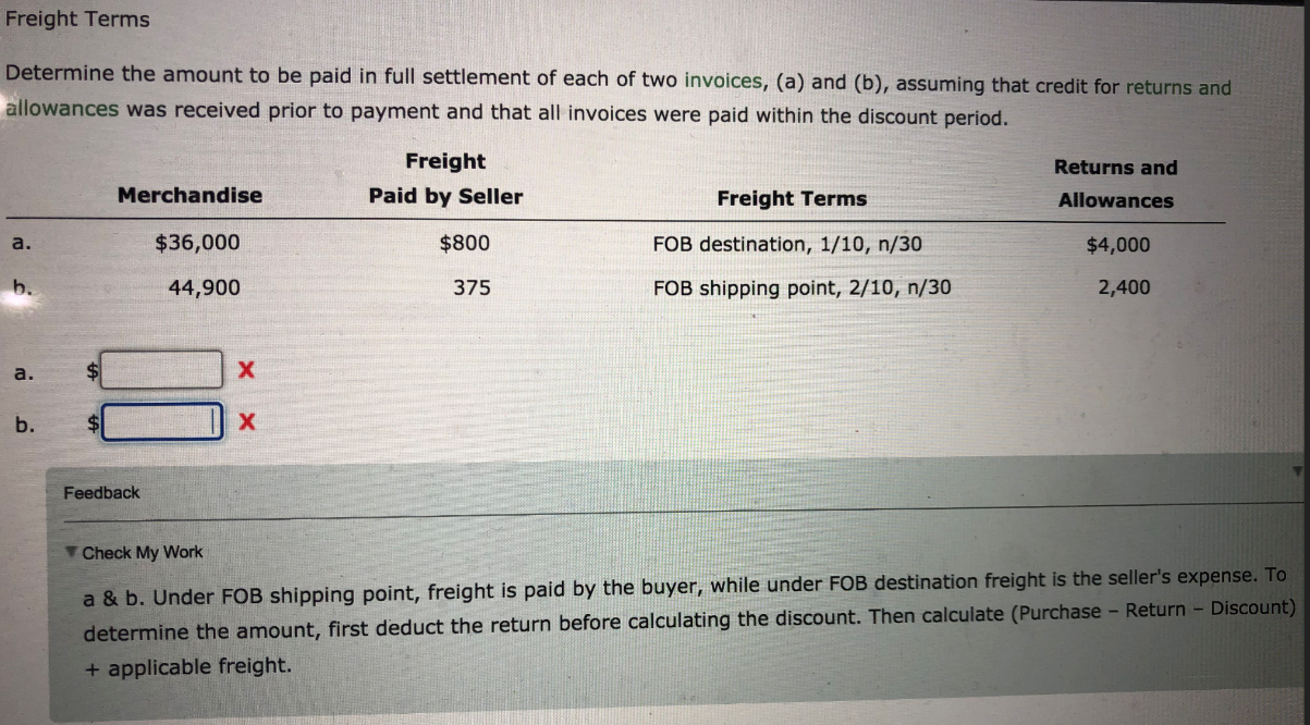 Solved Freight Terms Determine the amount to be paid in full | Chegg.com