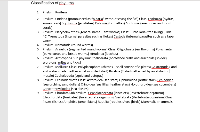 Solved Classification of phylums worm 1. Phylum: Porifera 2. | Chegg.com