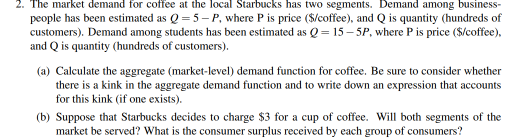 Solved 2. The market demand for coffee at the local | Chegg.com