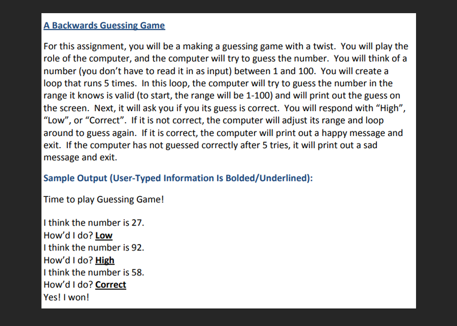 Solved Backwards Guessing Game program – copy and paste your | Chegg.com