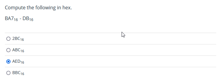 Solved Compute the following in hex. BA16−DB16 2BC16 ABC16 | Chegg.com