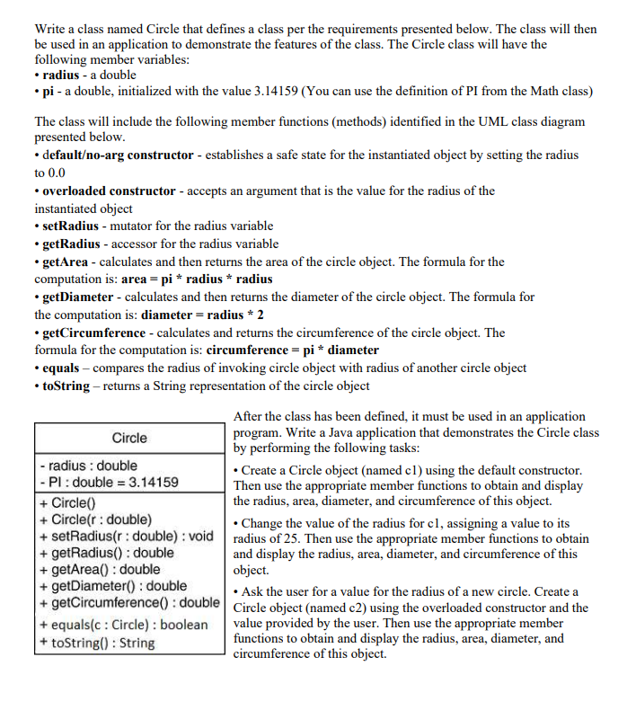 Solved Write a class named Circle that defines a class per | Chegg.com