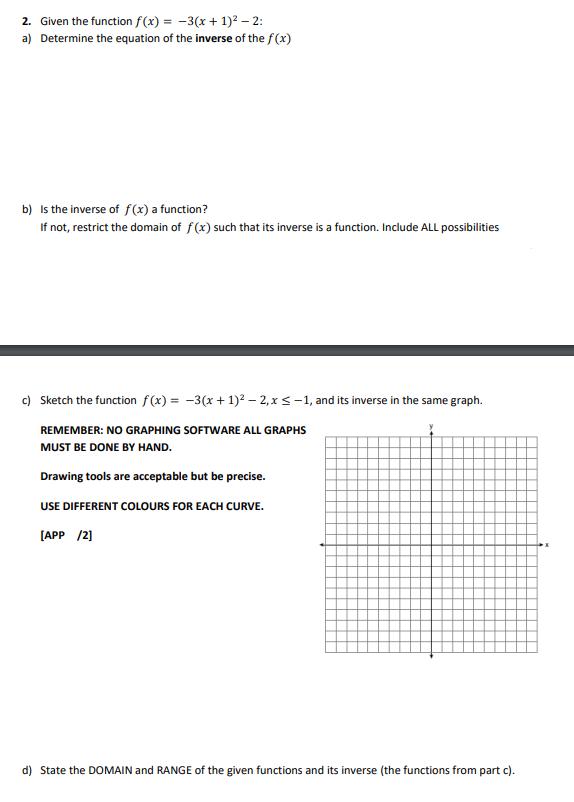 Solved 2. Given the function f(x)=−3(x+1)2−2 : a) Determine | Chegg.com