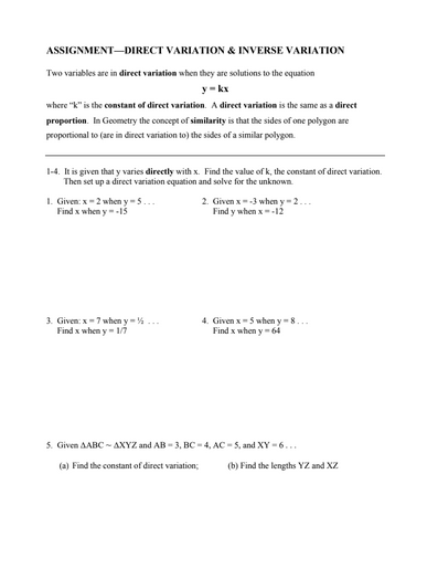 Solved ASSIGNMENT-DIRECT VARIATION & INVERSE VARIATION Two | Chegg.com