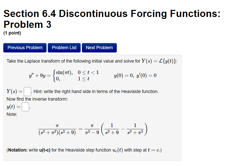 Solved Section 6.4 Discontinuous Forcing Functions: Problem | Chegg.com