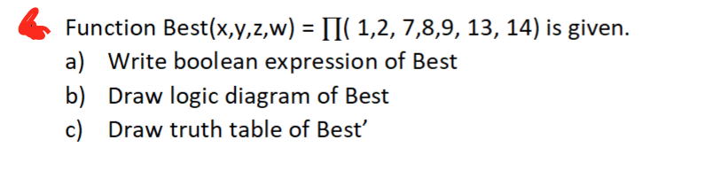 Solved Function Best(x,y,z,w) = ∏( 1,2, 7,8,9, 13, 14) is | Chegg.com