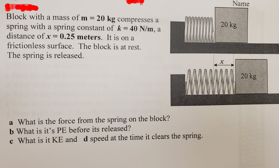 Solved Name 20 kg Block with a mass of m = 20 kg compresses | Chegg.com