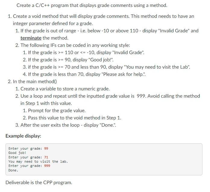 Solved Create a C/C++ program that displays grade comments | Chegg.com