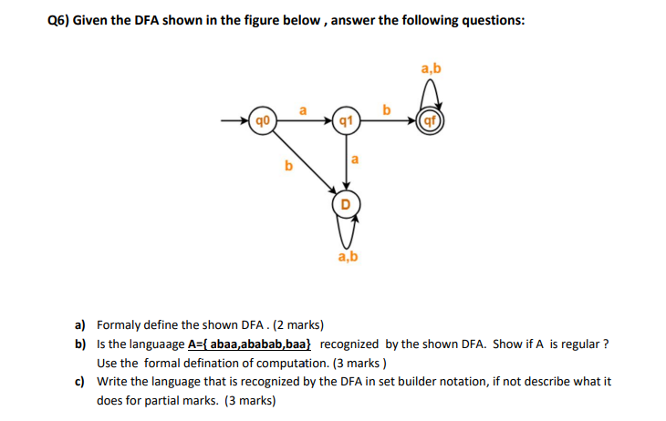 Solved Q6) Given the DFA shown in the figure below, answer | Chegg.com
