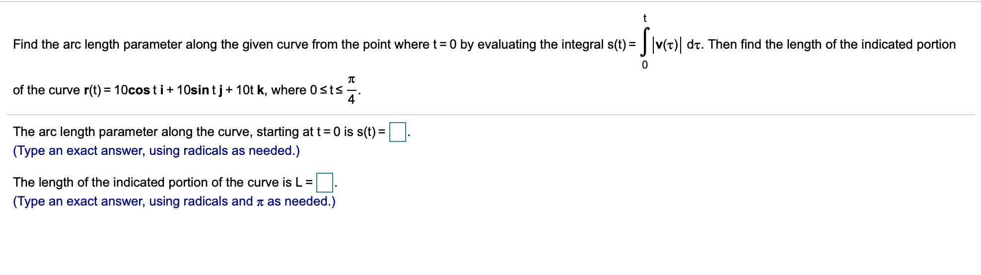Solved t Find the arc length parameter along the given curve | Chegg.com