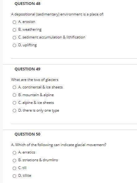 Solved QUESTION 48 A depositional (sedimentary) environment | Chegg.com