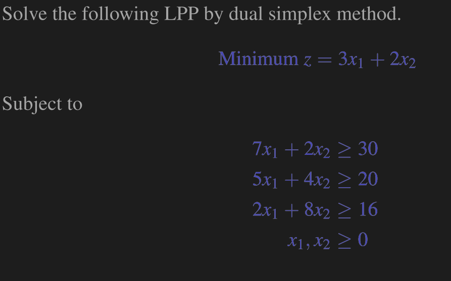 Solved Solve the following LPP by dual simplex method. | Chegg.com