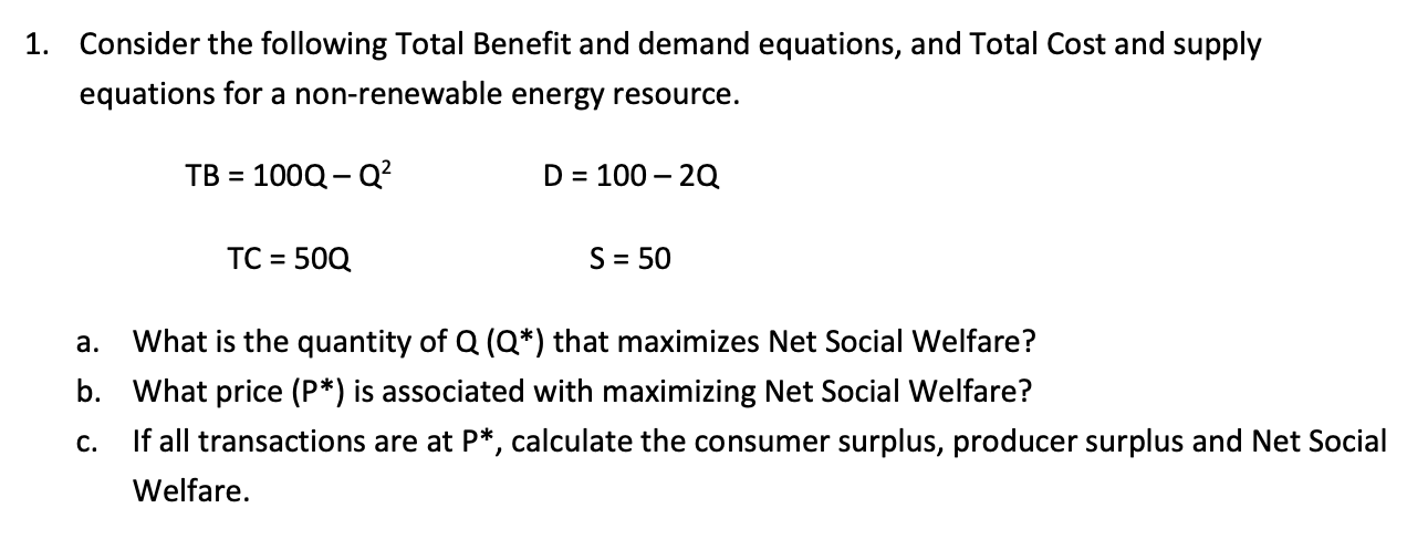 Solved 1. Consider the following Total Benefit and demand | Chegg.com