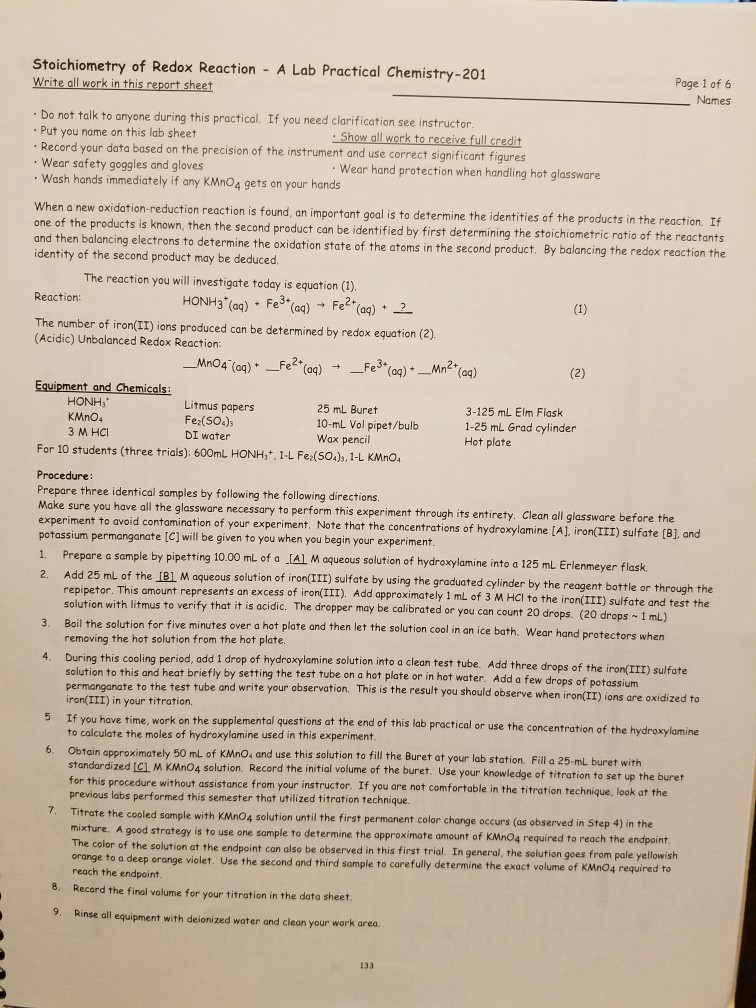 Solved Stoichiometry of Redox Reaction - A Lab Practical | Chegg.com