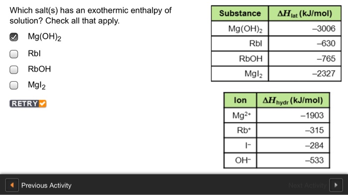 Solved Which salt(s) has an exothermic enthalpy of solution? | Chegg.com