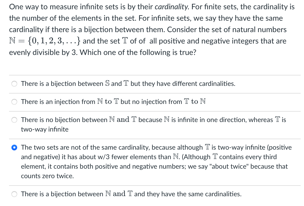 Solved One way to measure infinite sets is by their | Chegg.com
