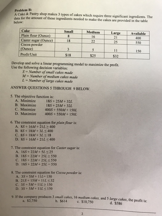 Solved Problem B: A Cake & Pastry shop makes 3 types of | Chegg.com