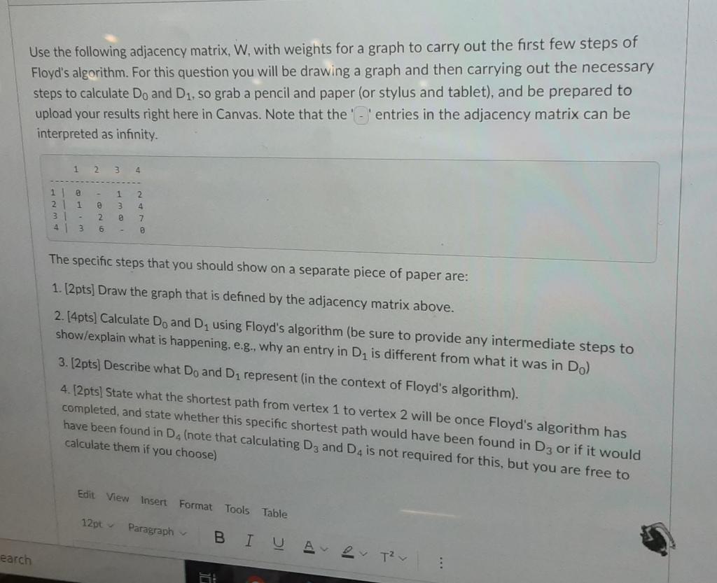 Solved Use the following adjacency matrix, W, with weights | Chegg.com