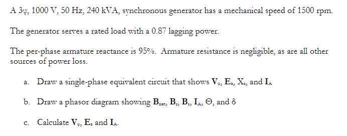 A 3φ,1000 V,50 Hz,240kVA, synchronous generator has a | Chegg.com