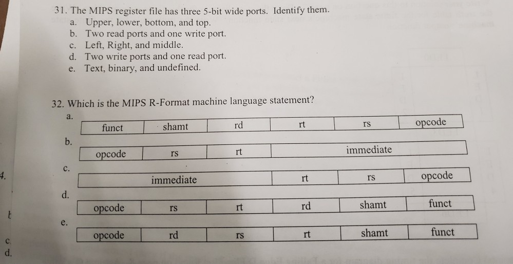 Solved 31. The MIPS register file has three 5-bit wide | Chegg.com
