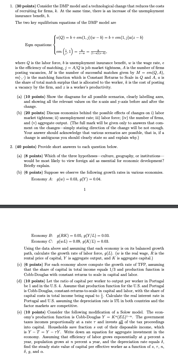 Solved 1. (30 points) Consider the DMP model and a | Chegg.com