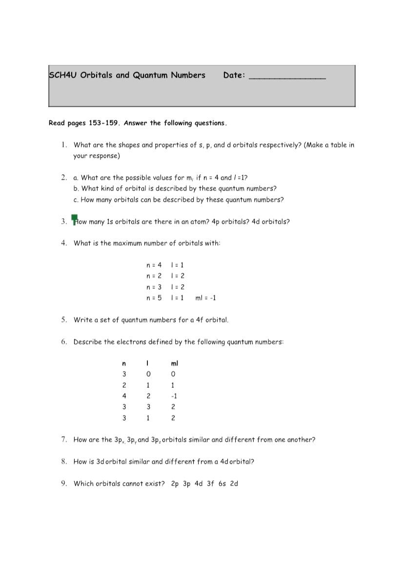 Solved SCH4U Orbitals and Quantum Numbers Date: Read pages | Chegg.com