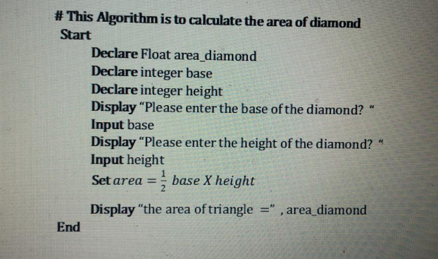 Solved # This Algorithm is to calculate the area of diamond | Chegg.com