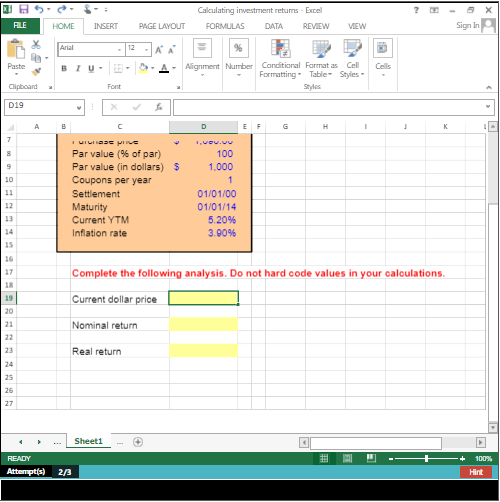 Solved - X Calculating investment returns - Excel FORMULAS | Chegg.com