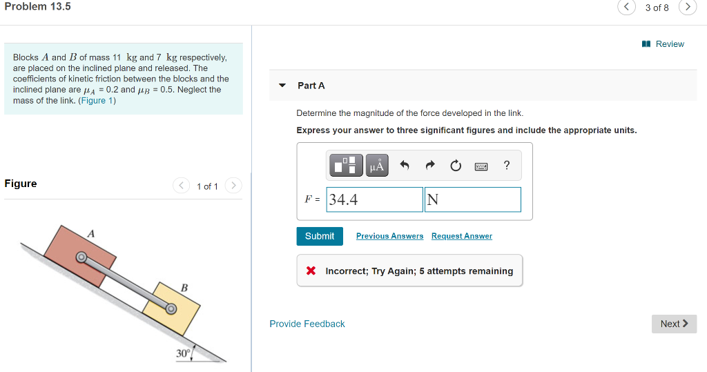 Solved Problem 13.5 3 of 8 II Review Blocks A and B of mass | Chegg.com