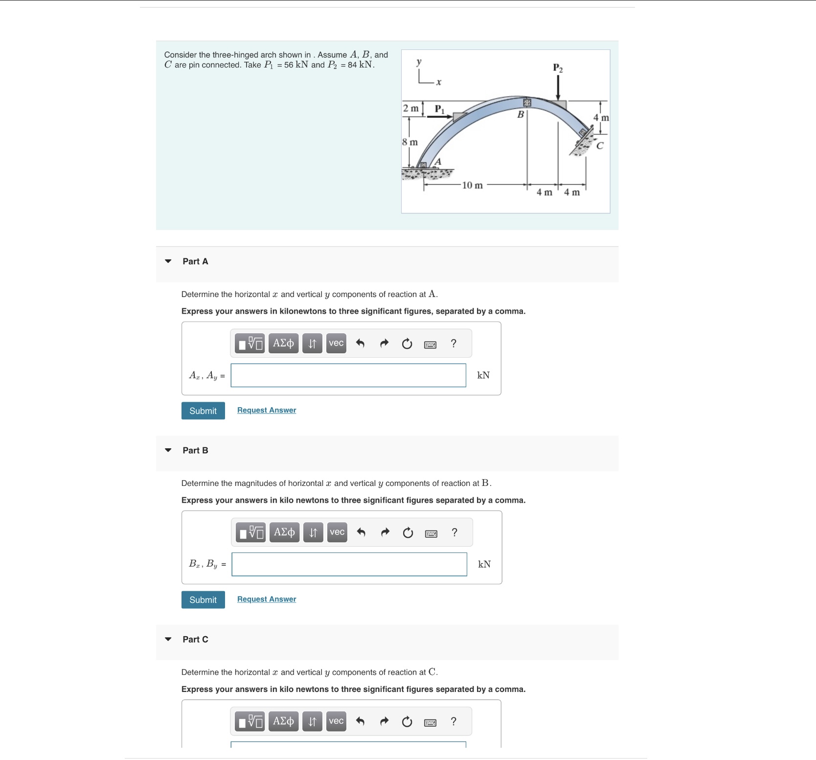 Solved Consider the three-hinged arch shown in. ﻿Assume A,B, | Chegg.com