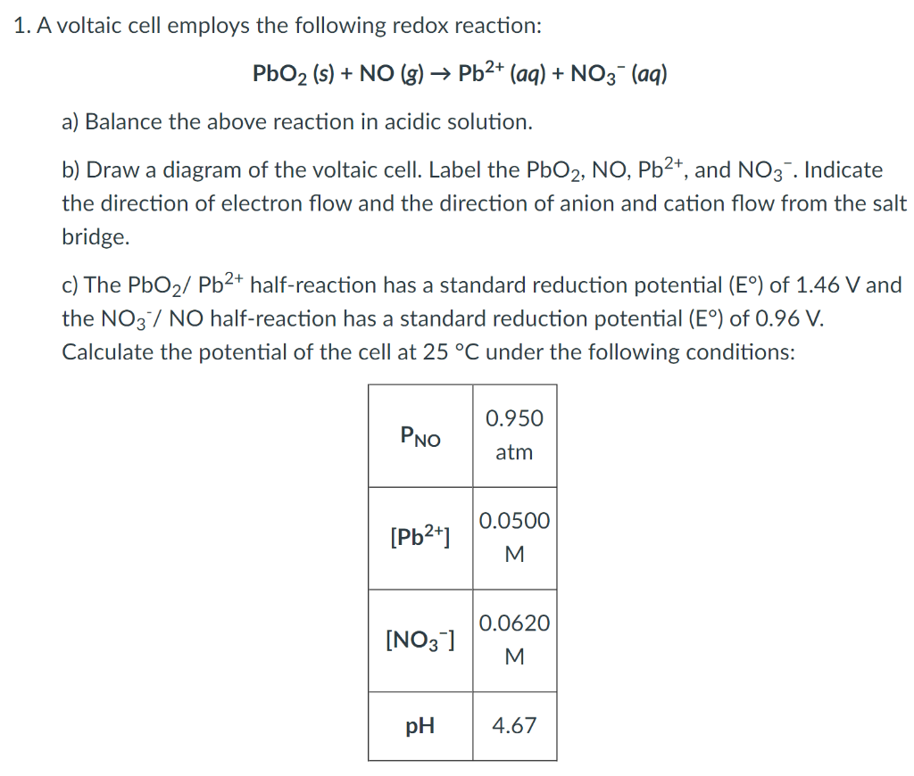 Solved 1. A voltaic cell employs the following redox | Chegg.com