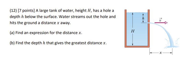 Solved (12) [7 points] A large tank of water, height H, has | Chegg.com