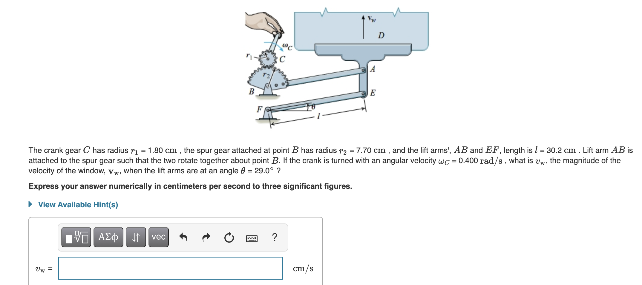 Solved D WC a E F The crank gear C has radius r1 = 1.80 cm , | Chegg.com