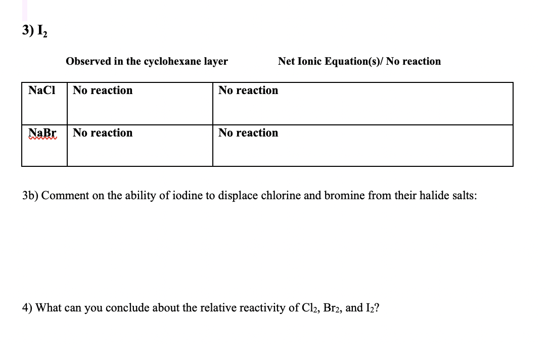 Solved 3) 12 Observed in the cyclohexane layer Net Ionic | Chegg.com