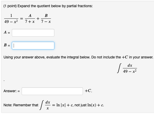 Solved (1 point) Expand the quotient below by partial | Chegg.com