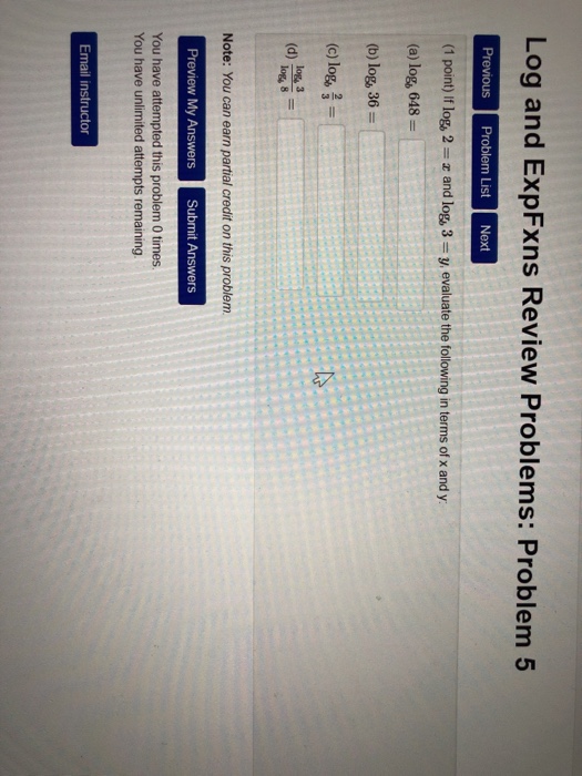 Solved Log and ExpFxns Review Problems: Previous Problem | Chegg.com