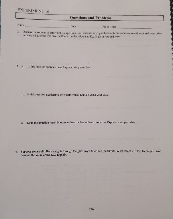Solved EXPERIMENT 16 Questions and Problems Name Date Day & | Chegg.com