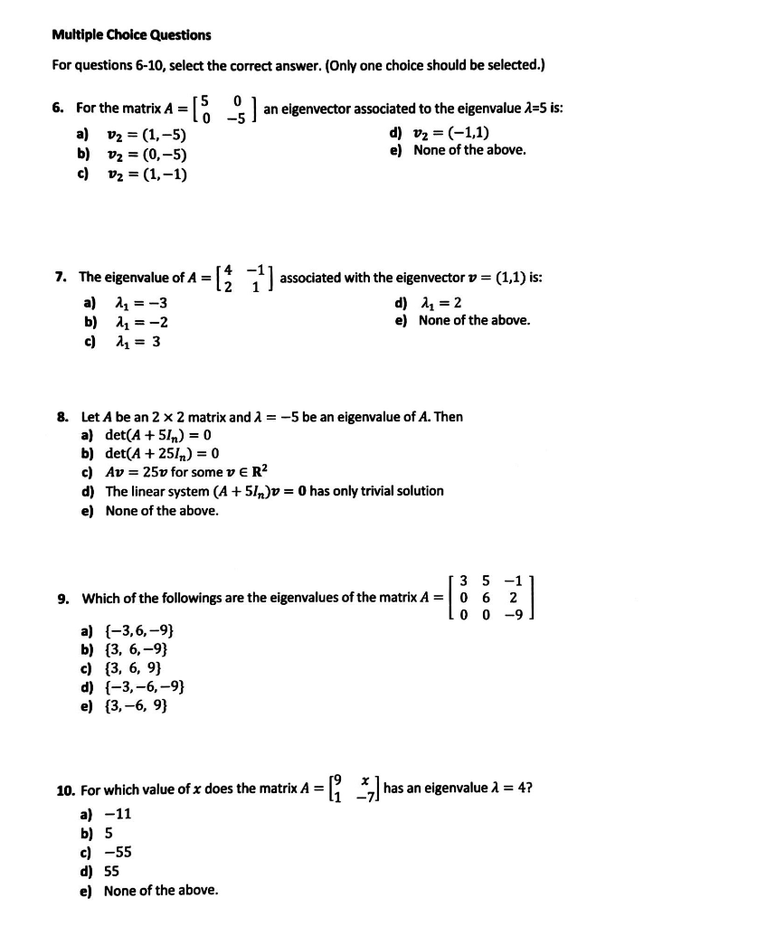 Solved Multiple Choice Questions For questions 6-10, select | Chegg.com