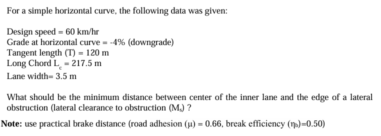 For a simple horizontal curve, the following data was | Chegg.com